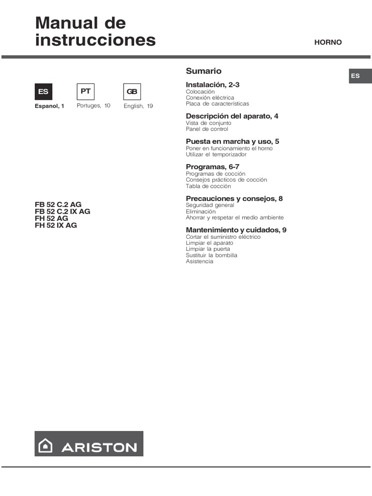 FH52IX Ariston Horno | PDF | Enchufes y tomas de corriente alterna | Pizza