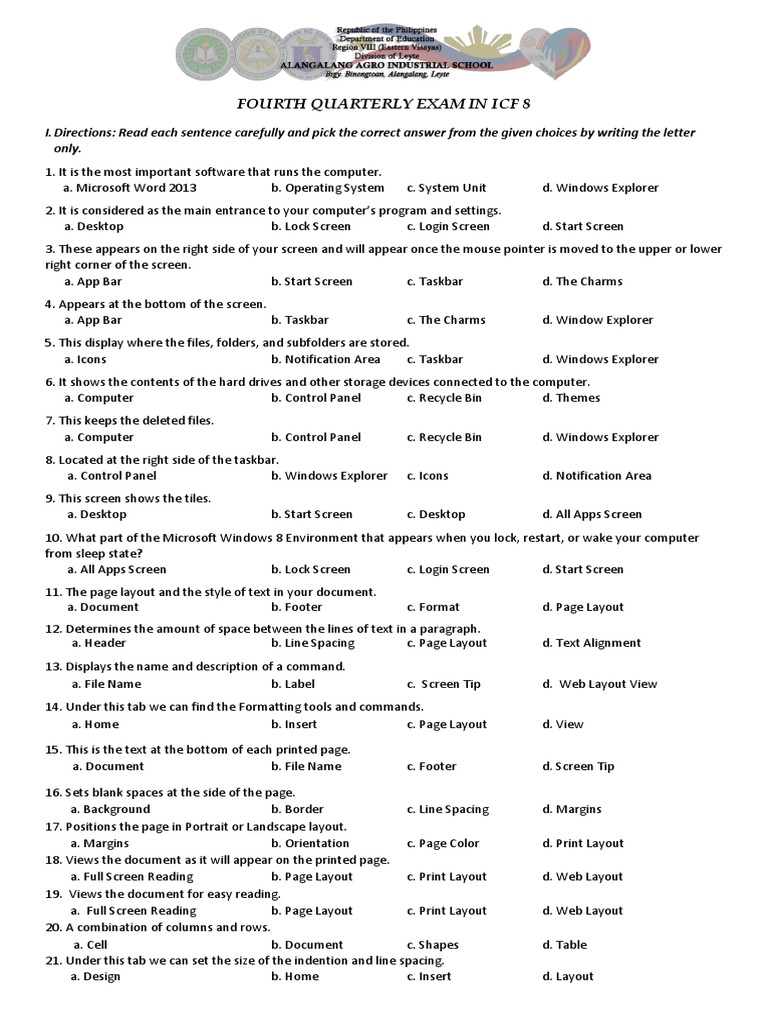 Fourth Quarterly Exam in Icf 8 | PDF | Page Layout | Operating System Families