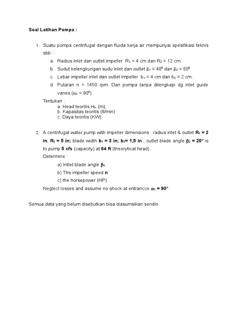 Soal Latihan Pompa | PDF | Fluid Mechanics | Rotating Machines