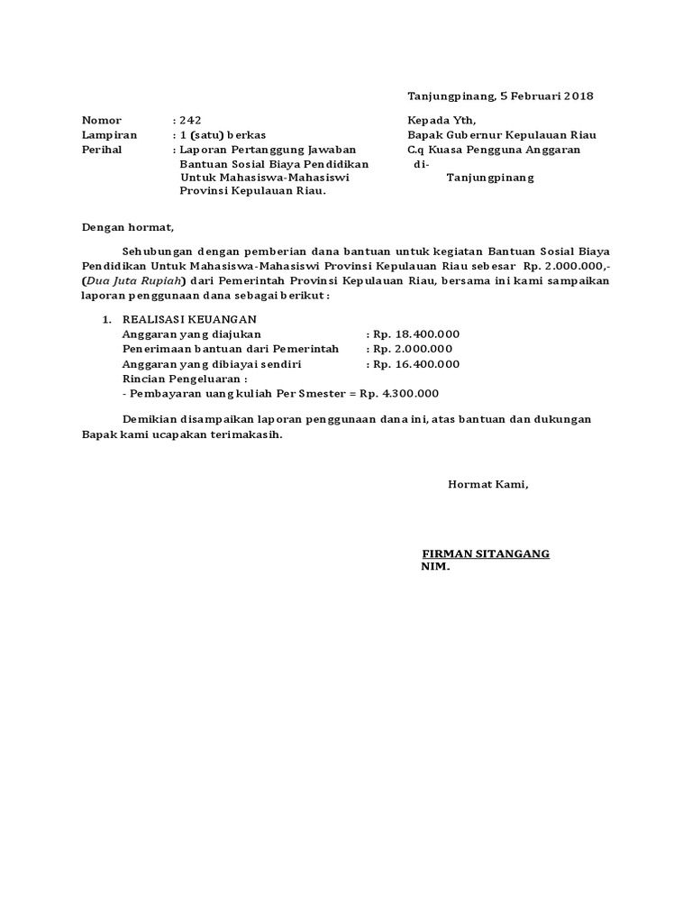 Contoh Laporan Pertanggung Jawaban Beasiswa | PDF | Sains & Matematika