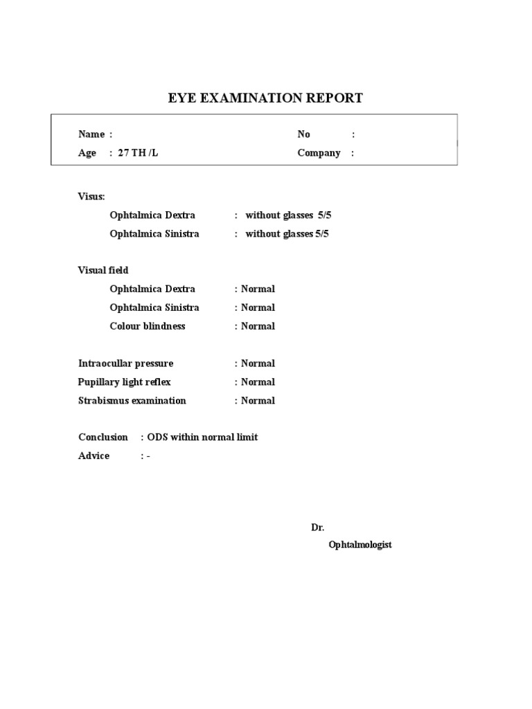 Eye Examination Report: Dr. Ophtalmologist | PDF