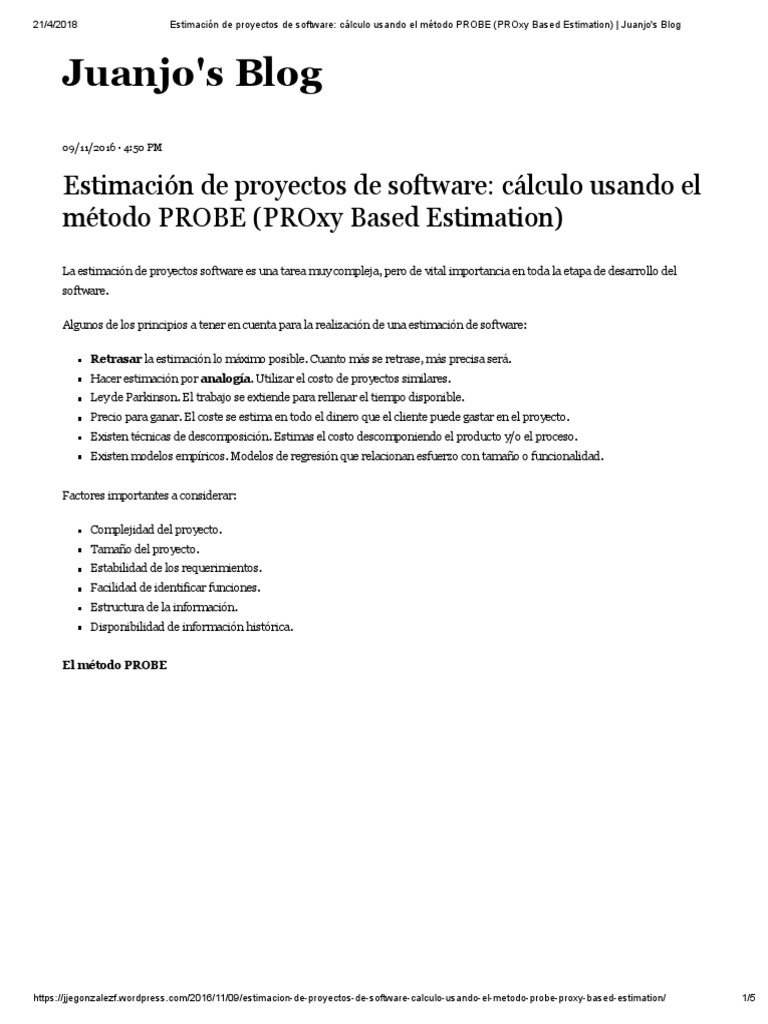 Estimación De Proyectos De Software Cálculo Usando El Método Probe Proxy Based Estimation 