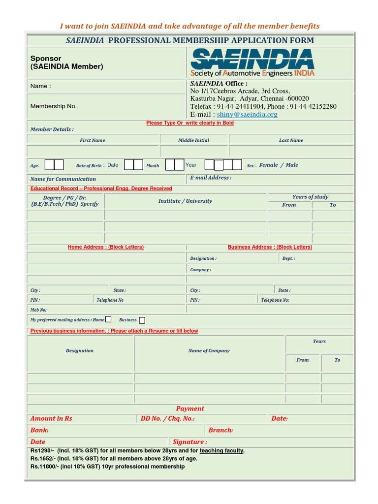 SAEINDIA Membership Application | PDF | Telecommunications | Communication