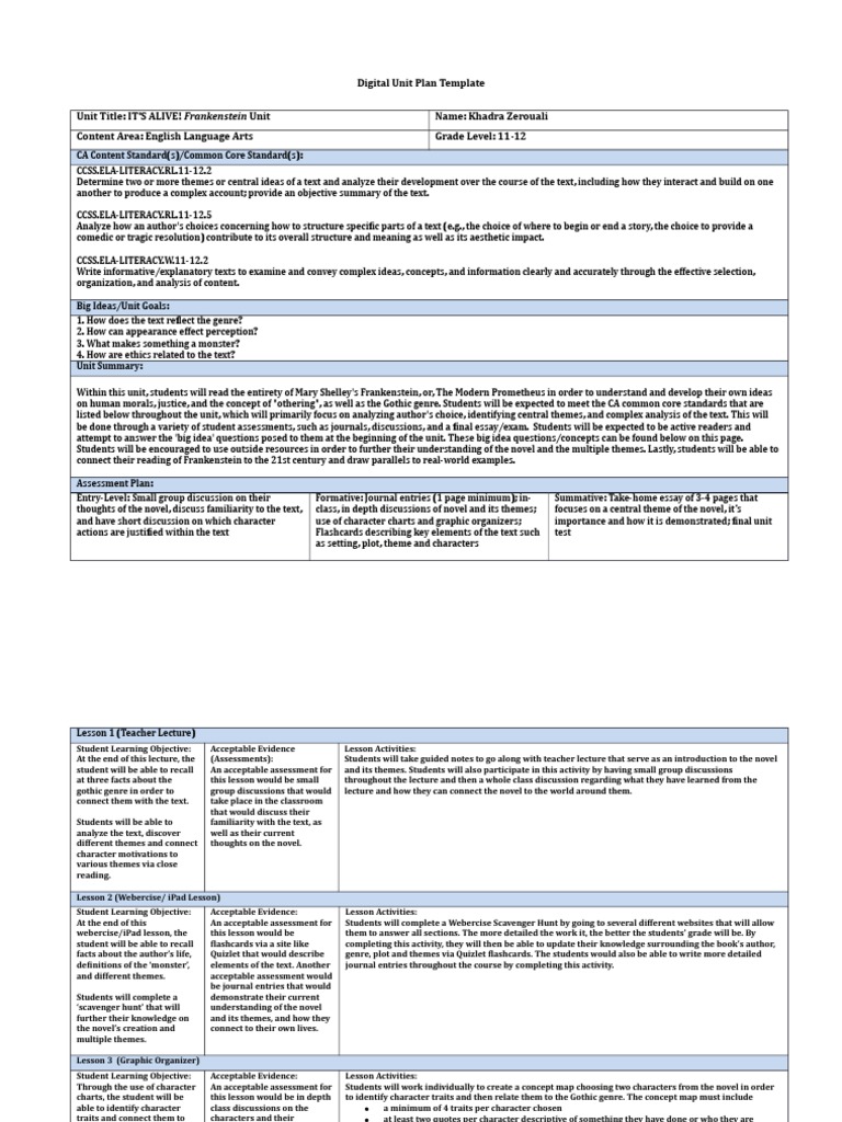 Frankenstein Unit Plan | PDF | Frankenstein | Mary Shelley