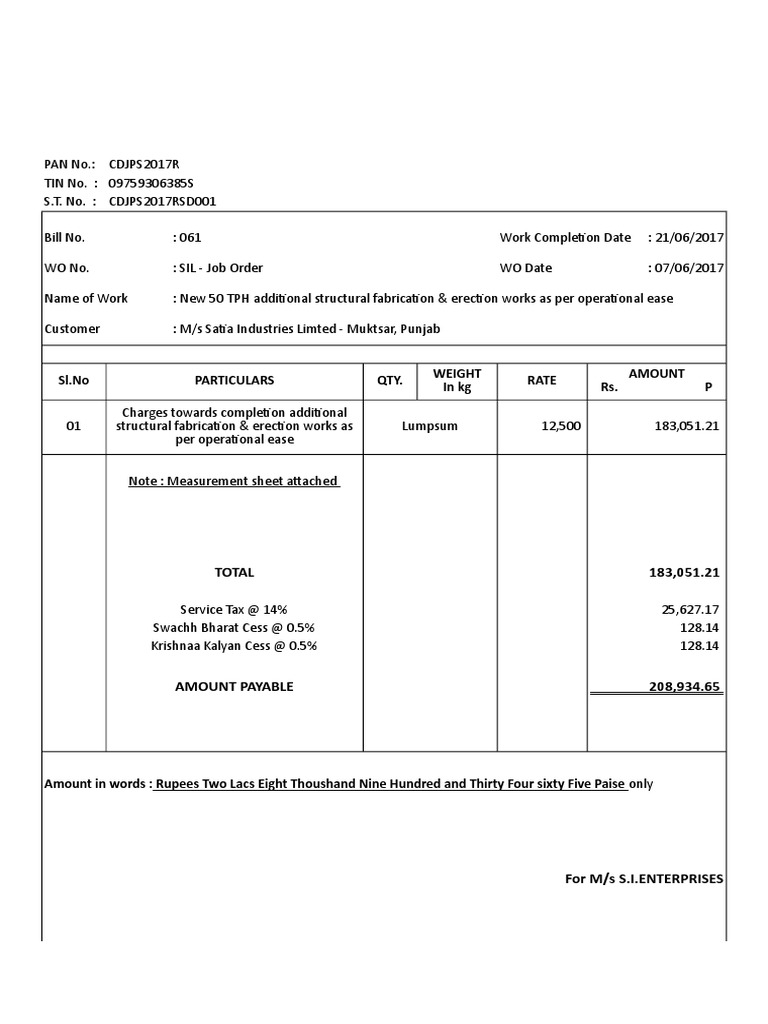 Invoice for Structural Fabrication Work | PDF