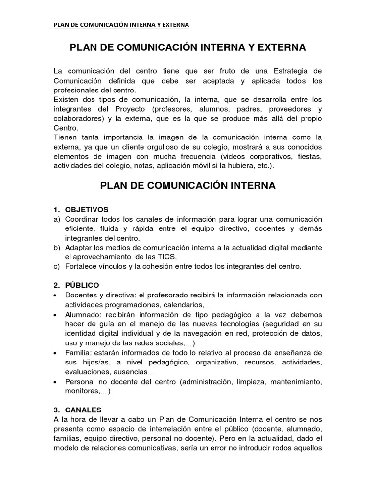 Plan de Comunicación Interna y Externa | PDF | Tecnología de información y comunicaciones | Maestros