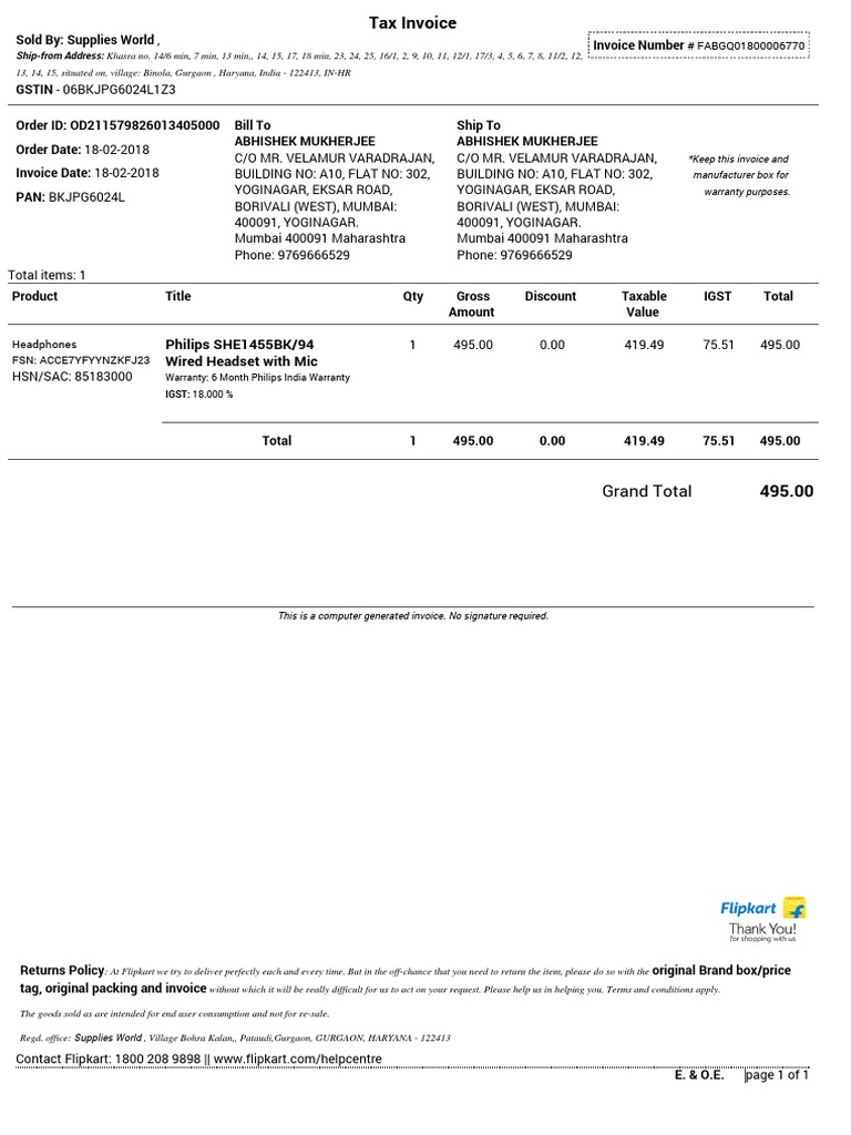 Philips Headphone Invoice | PDF | Invoice | Taxes