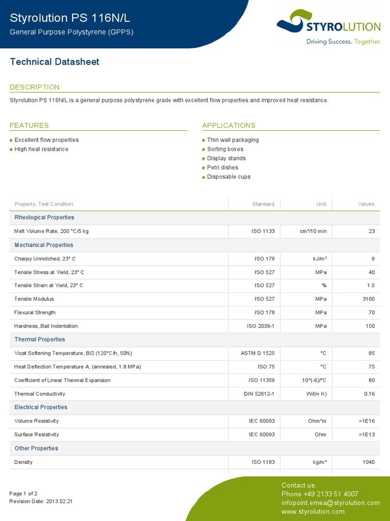 Styrolution PS 116N/L: Technical Datasheet | PDF | Polystyrene | Yield ...