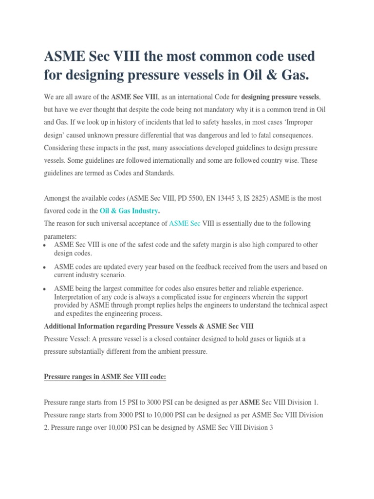 ASME Sec VIII The Most Common Code Used For Designing Pressure Vessels ...