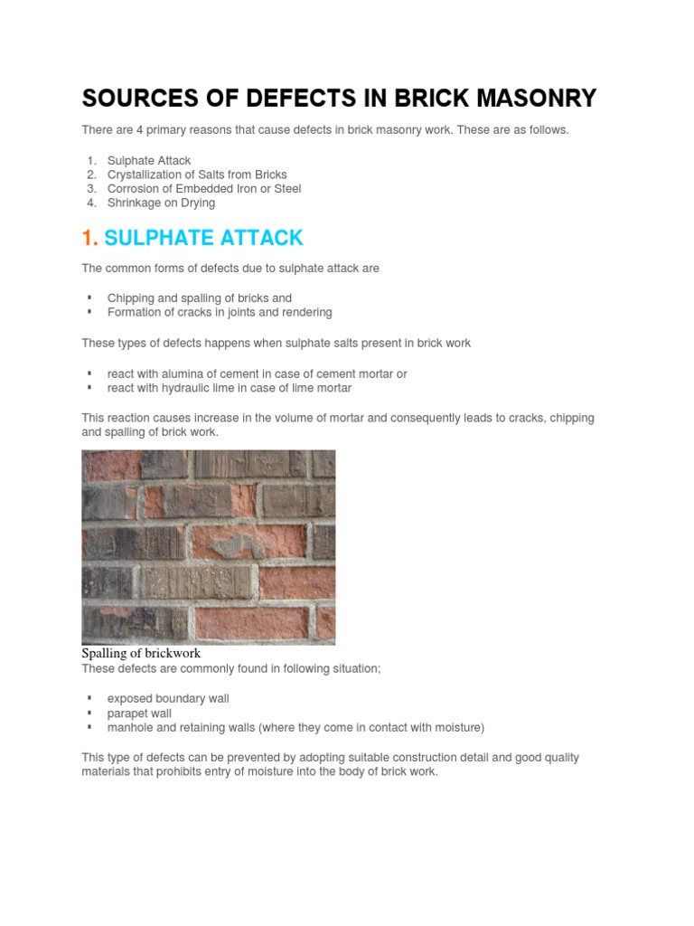 Sources of Defects in Brick Masonry | PDF | Mortar (Masonry) | Brick
