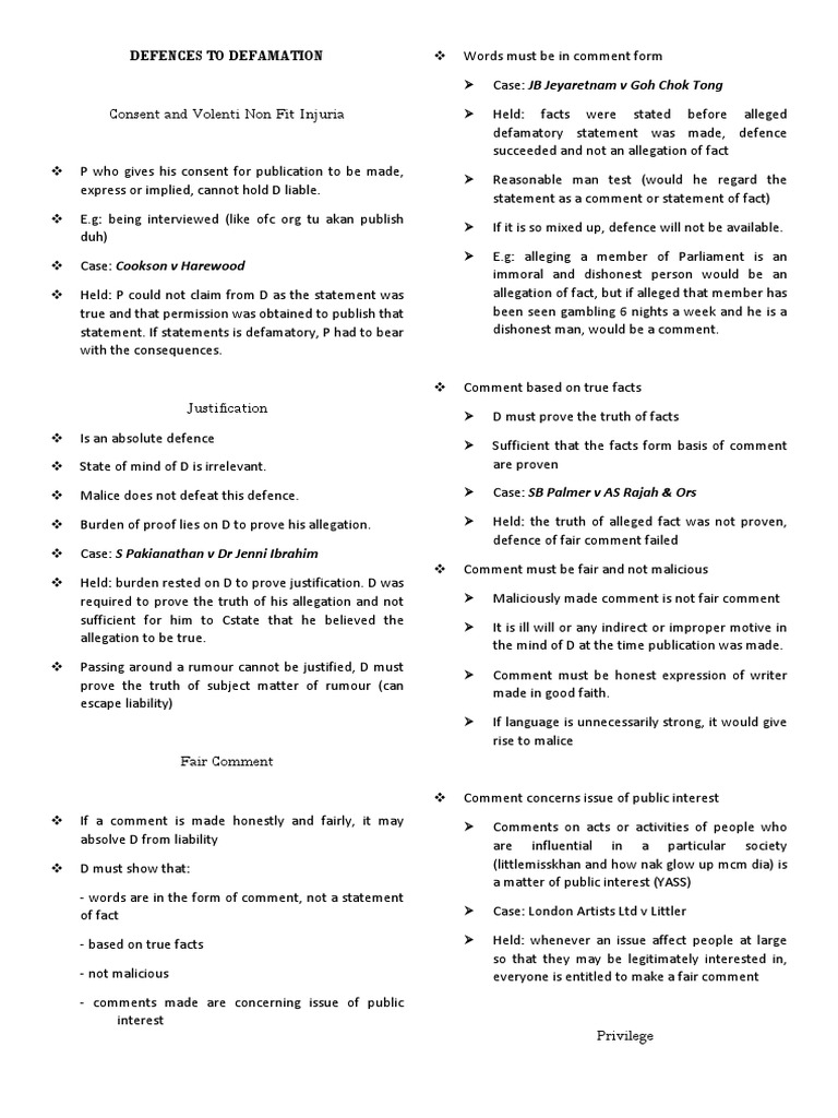 Defences To Defamation | PDF | Defamation | Common Law