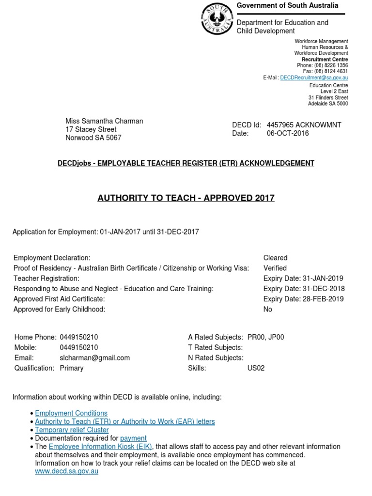 Etr Acknowledgement Teaching Authority | PDF | South Australia | Employment