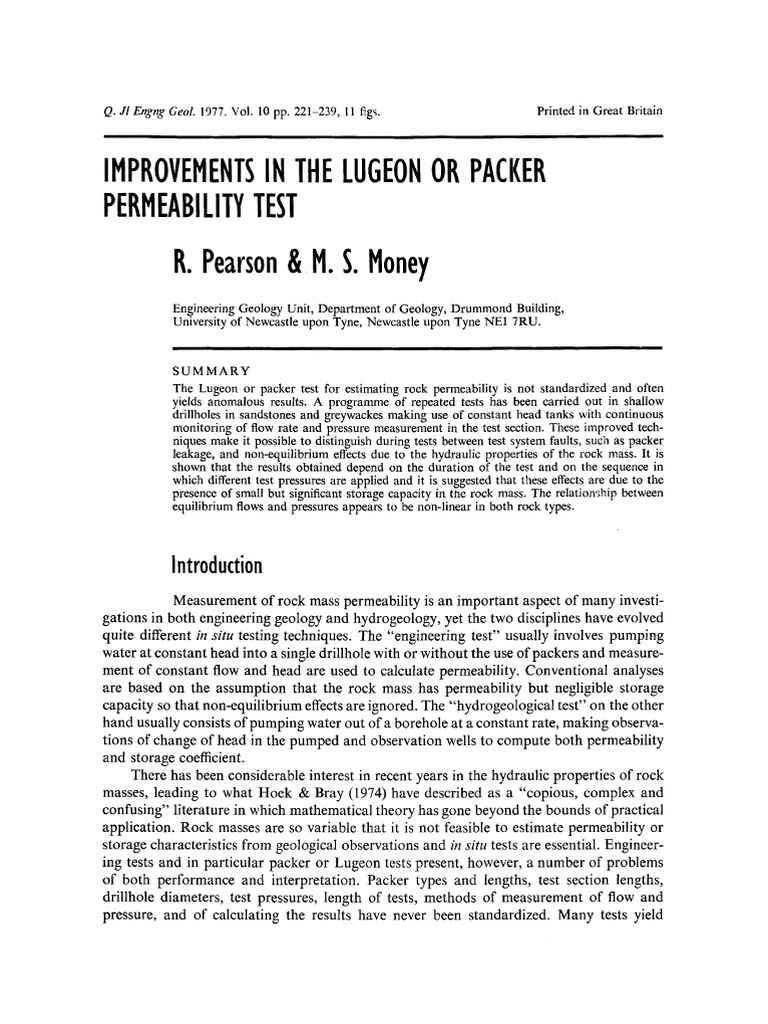 Improvements in The Lugeon or Packer Permeability Test R. Pearson & M ...