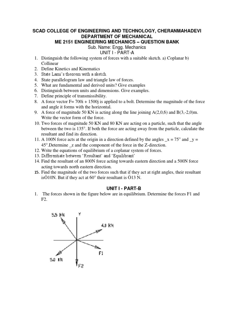 Me 2151 - Engineering Mechanics Question Bank | PDF | Norm (Mathematics ...