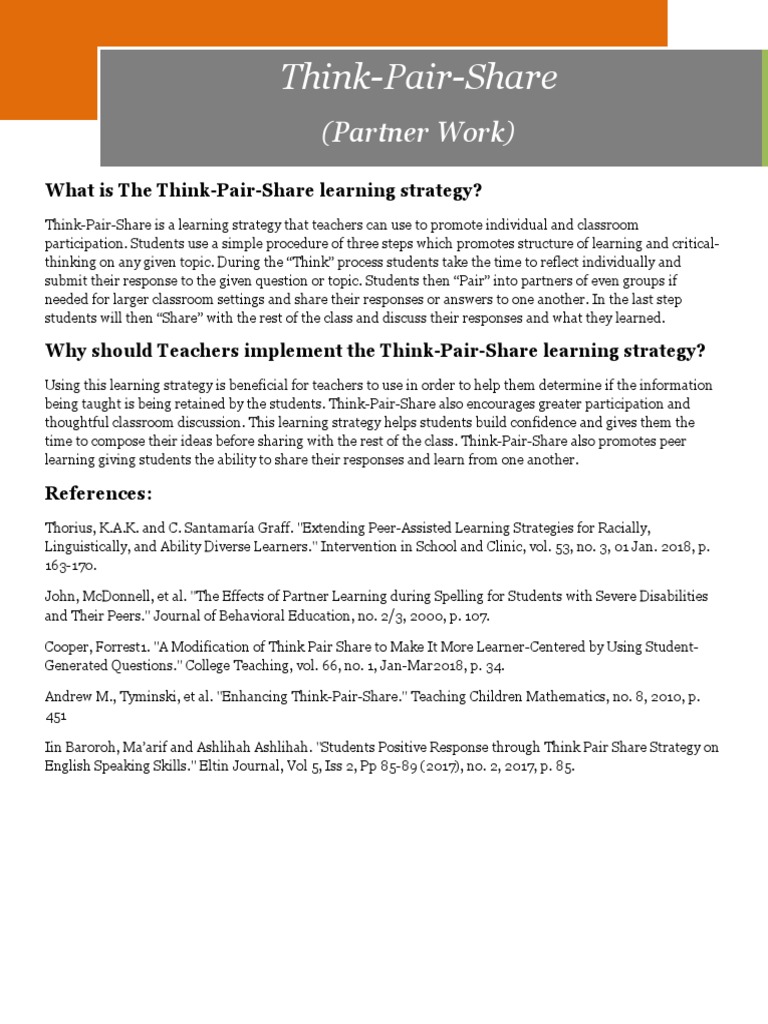 Think-Pair-Share Handout | PDF | Classroom | Learning