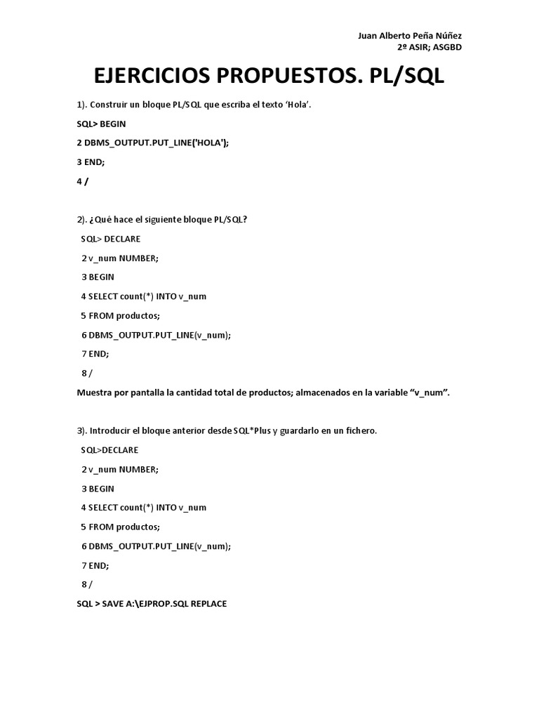 Ejercicios PL/SQL para 2º ASIR | PDF | Pl / Sql | SQL