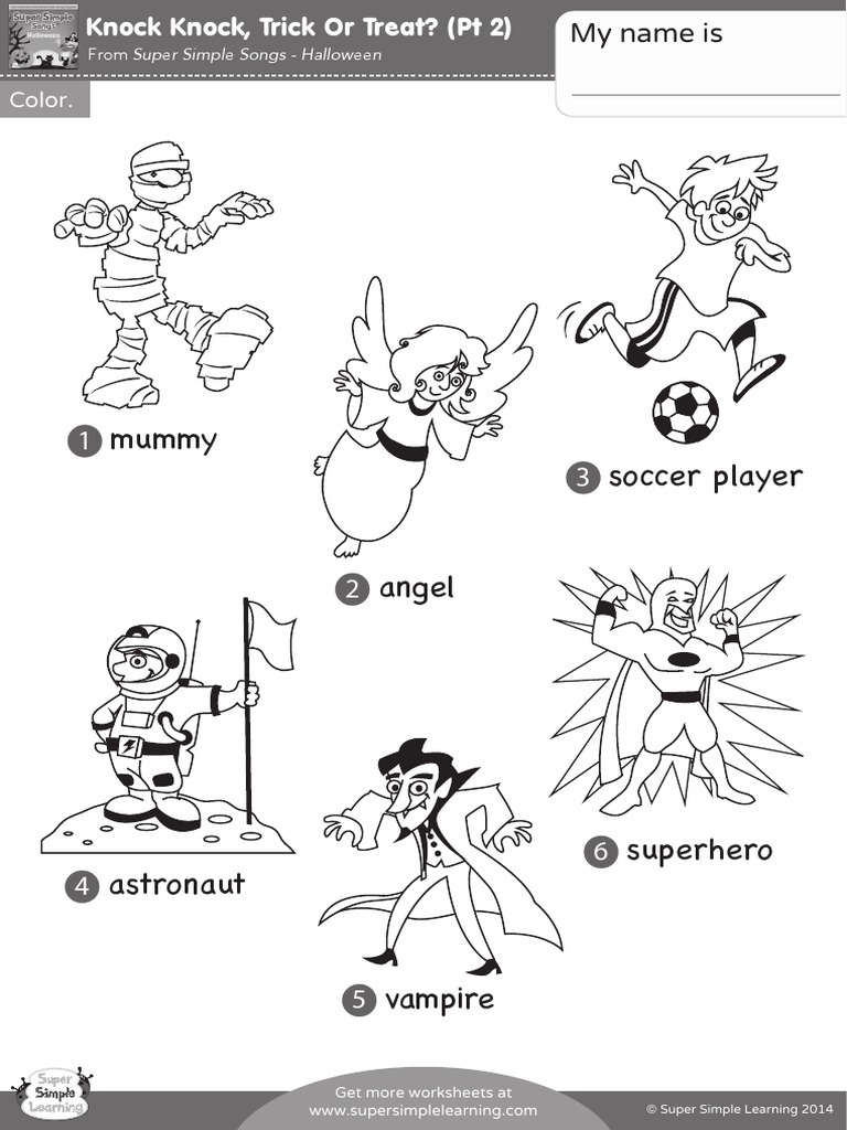 Knock Knock Trick or Treat 2 Worksheet Vocaulary Coloring BW | PDF
