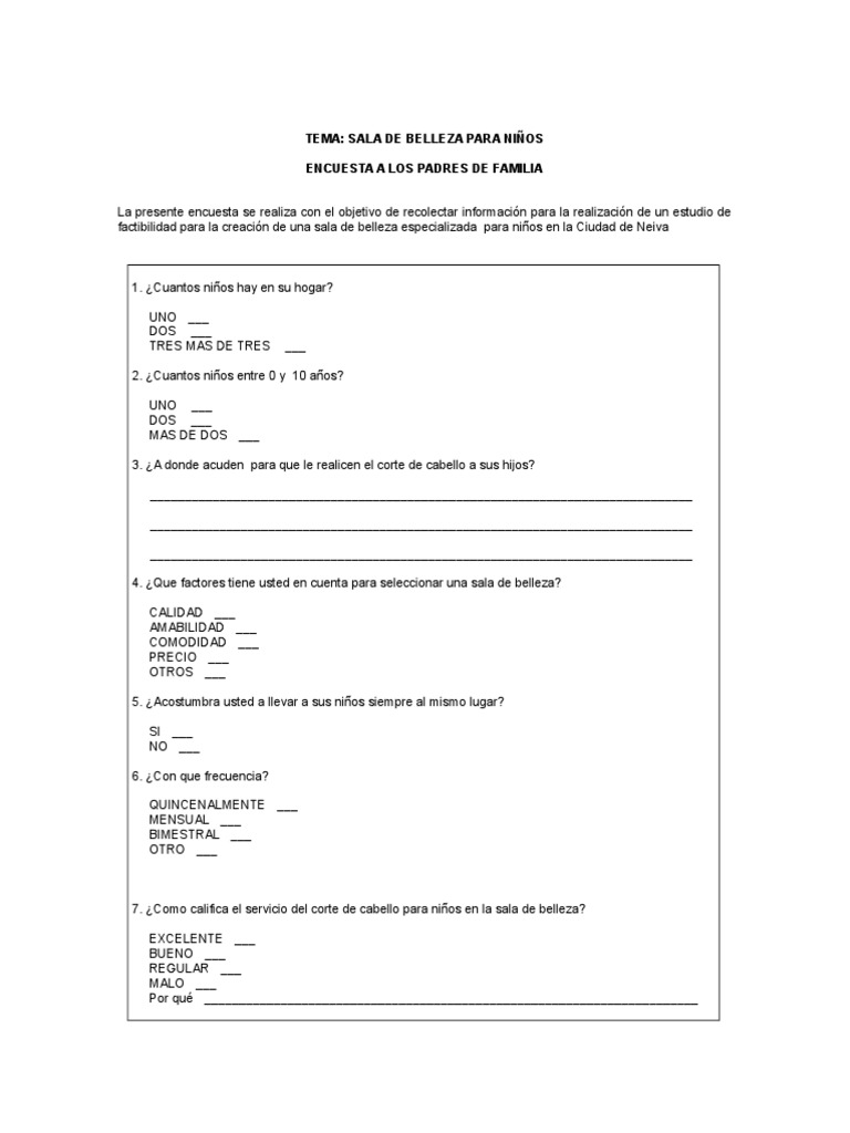 Encuesta Sala de Belleza Niños | PDF