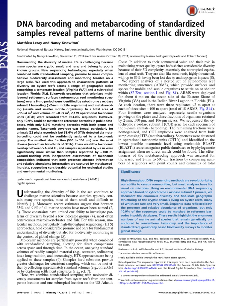 DNA Barcoding and Metabarcoding of Standardized Samples Reveal Patterns of Marine Benthic ...