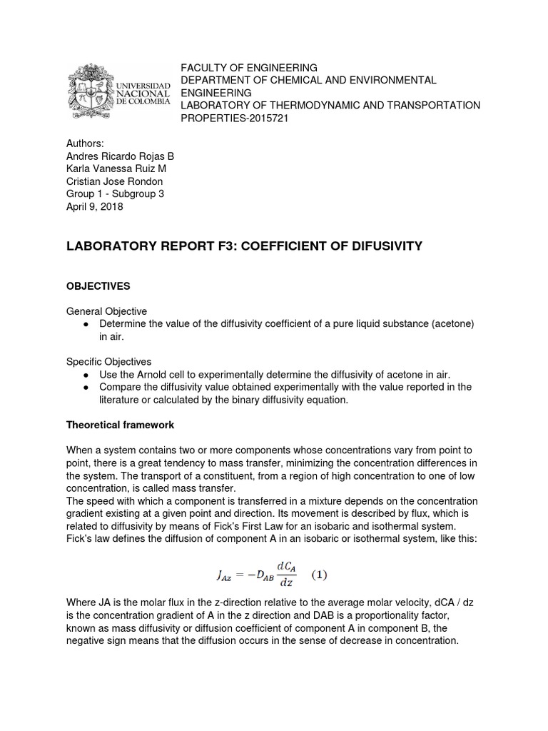 Laboratory Report F3: Coefficient of Difusivity: Objectives | PDF ...