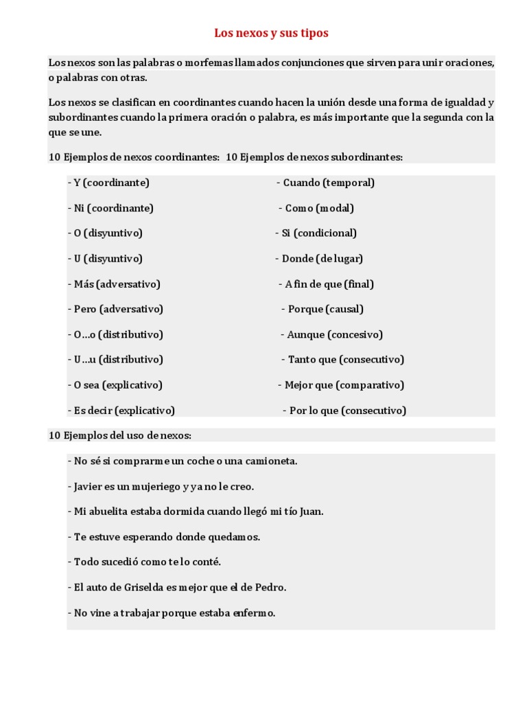 Tipos y ejemplos de nexos | PDF | Oración (Lingüística) | Idiomas