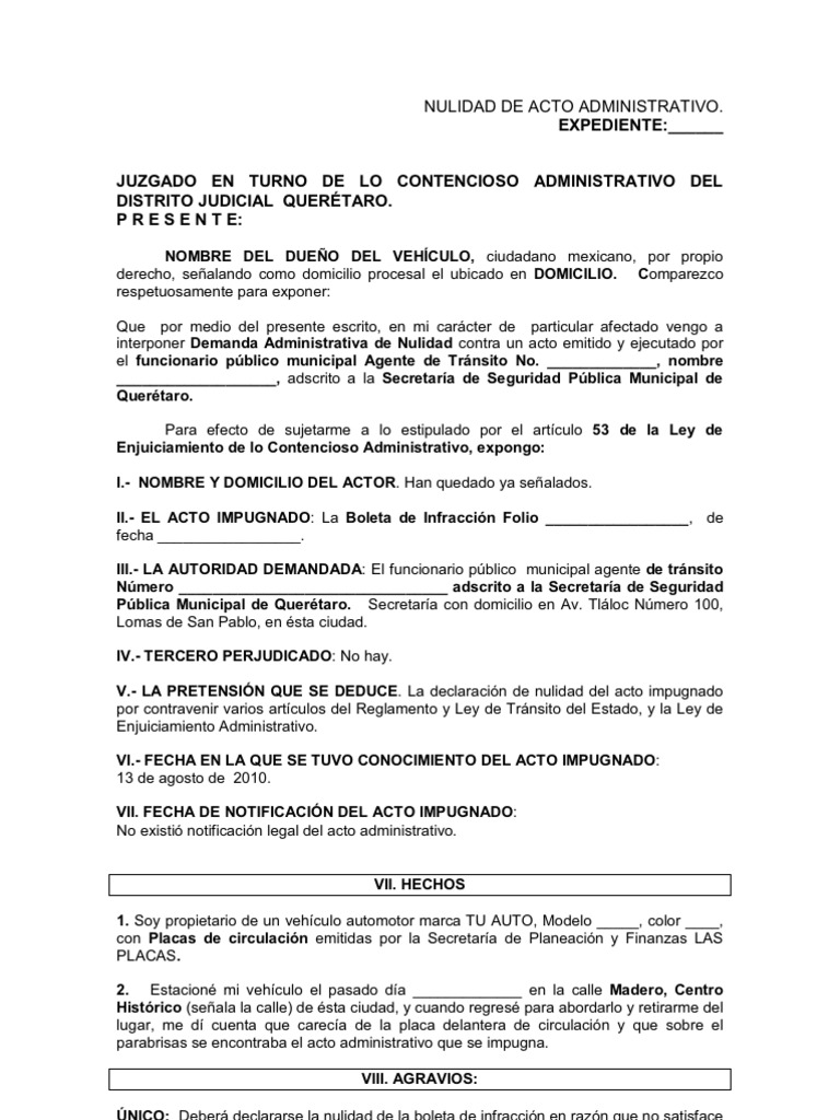 DEMANDA DE NULIDAD MULTA DE TRÁNSITO EN QRO.