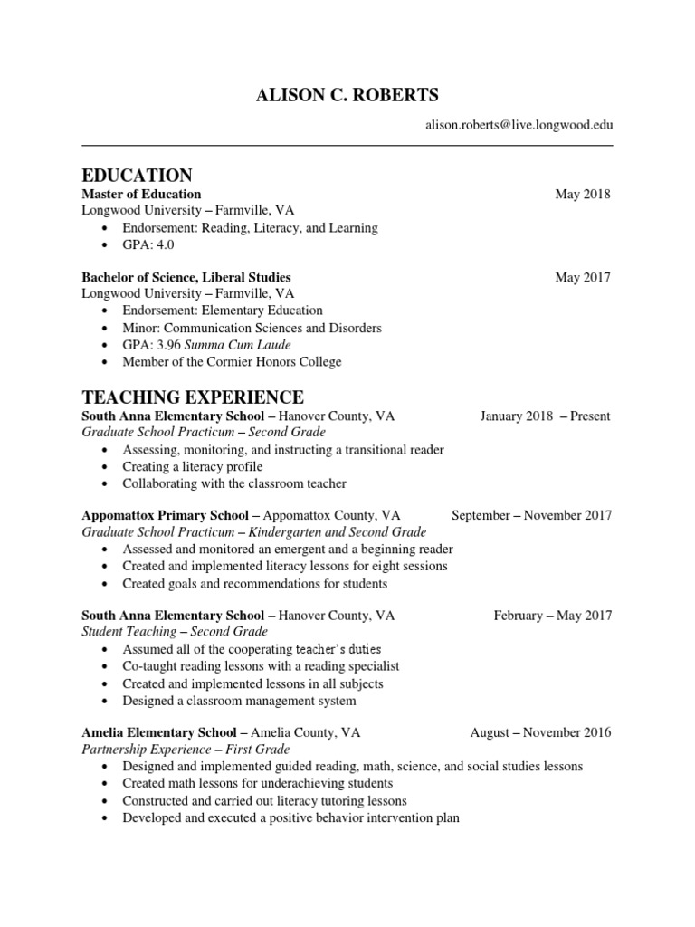 Career Center Alison Roberts Resume | PDF | Primary Education | Schools