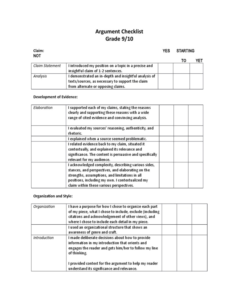 Argument Checklist Grade 9/10: Claim: Yes Starting | PDF | Argument ...