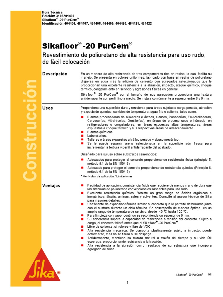 Revestimiento Poliuretano Alta Resistencia Sikafloor 20 Purcem | PDF ...