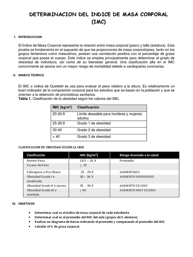 Determinación del índice de masa corporal (IMC) y su clasificación ...