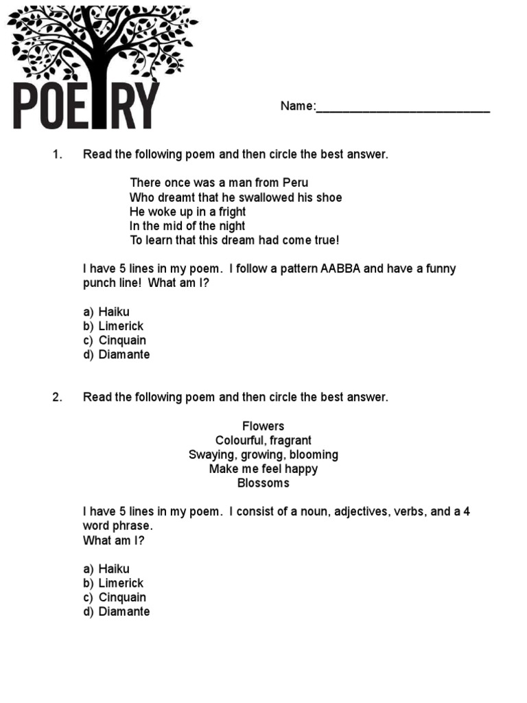 Poetry Quiz | PDF | Poetry | Adjective