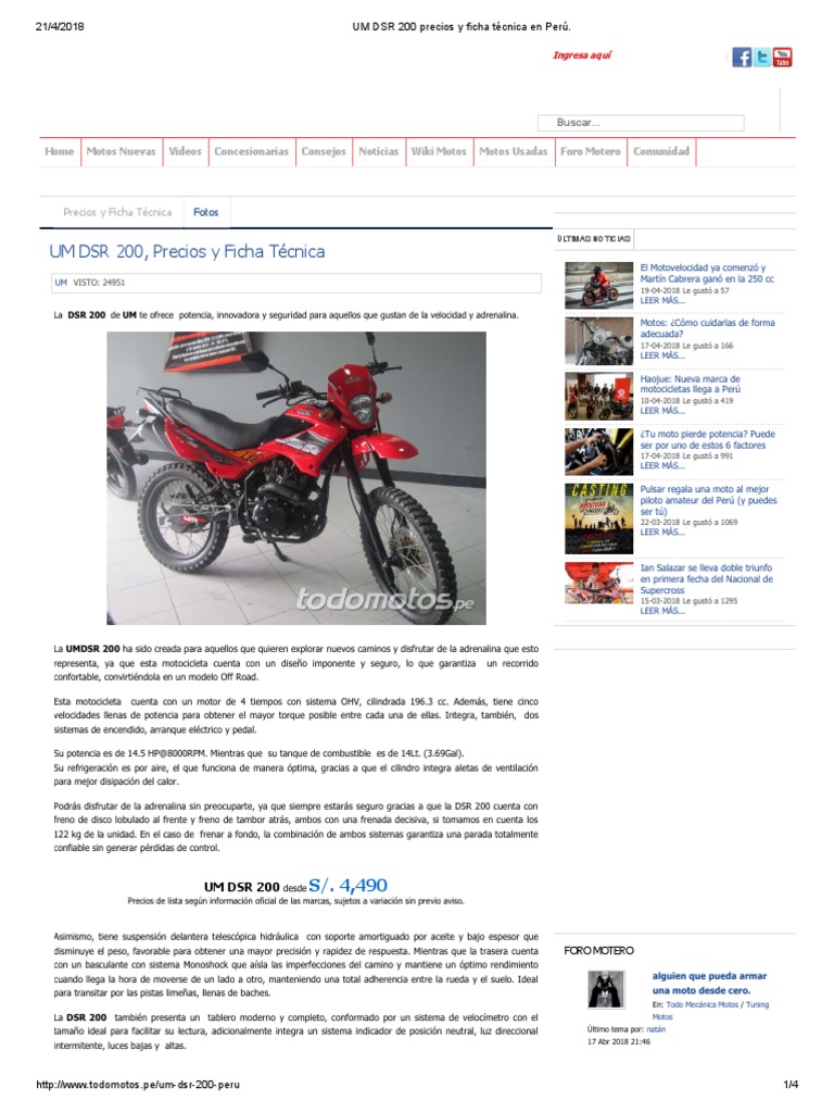 UM DSR 200 Precios y Ficha Técnica en Perú | PDF | Motociclismo | Vehículos