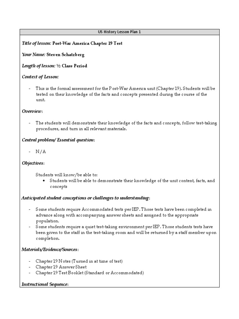 Us History Lesson Plan 3-19 | PDF | Educational Assessment ...