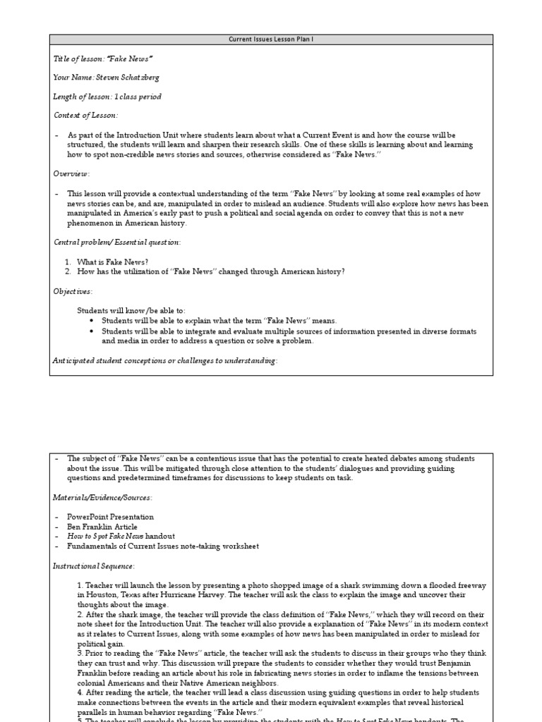 Fake News and Current Events Lesson Plan | PDF | News | Lesson Plan