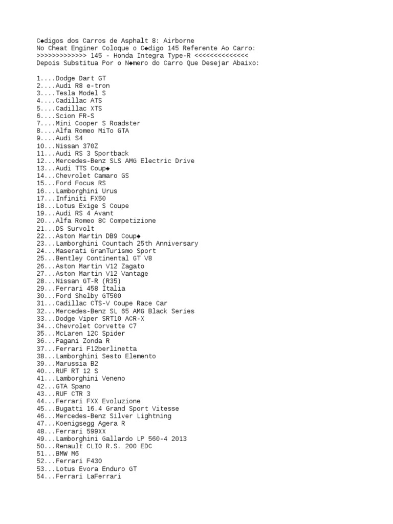 Códigos Dos Carros Asphalt 8 | Fabricantes de Veículos Automotores ...