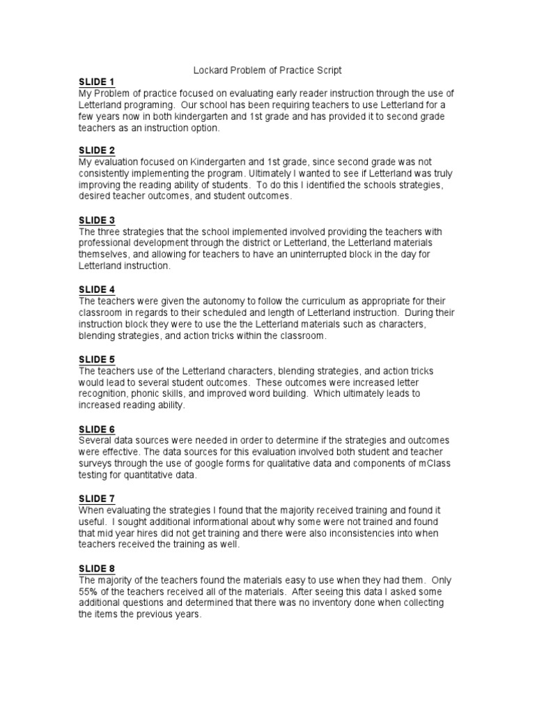 Problem of Practice Script | PDF | Reading (Process) | Teachers