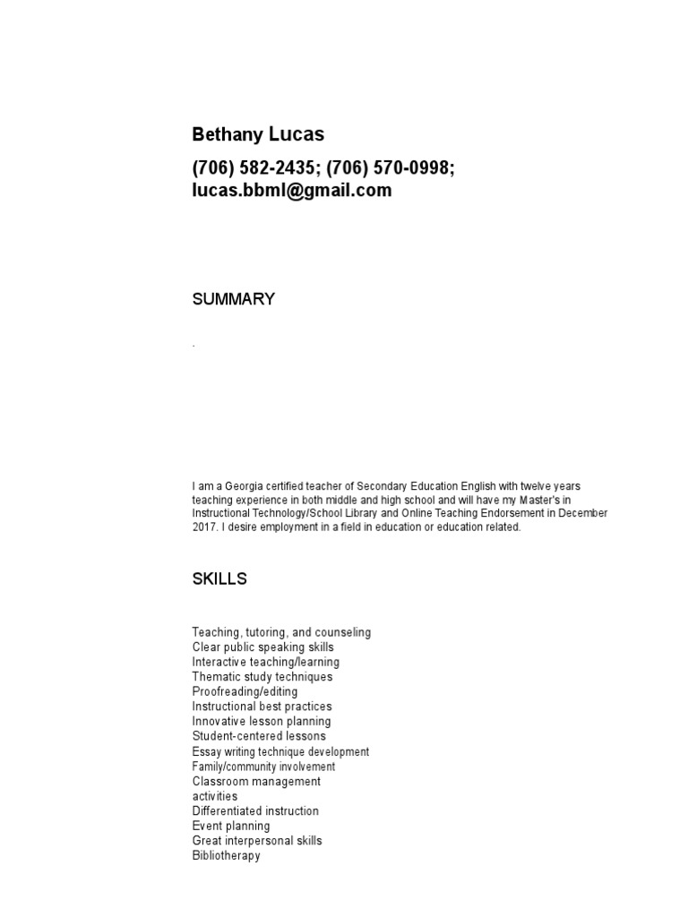 Bethany Lucas Resume 1 | PDF | Schools | School Library