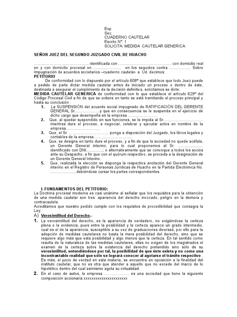 Modelo de Medida Cautelar Genérica | PDF | Mandato | Ley procesal