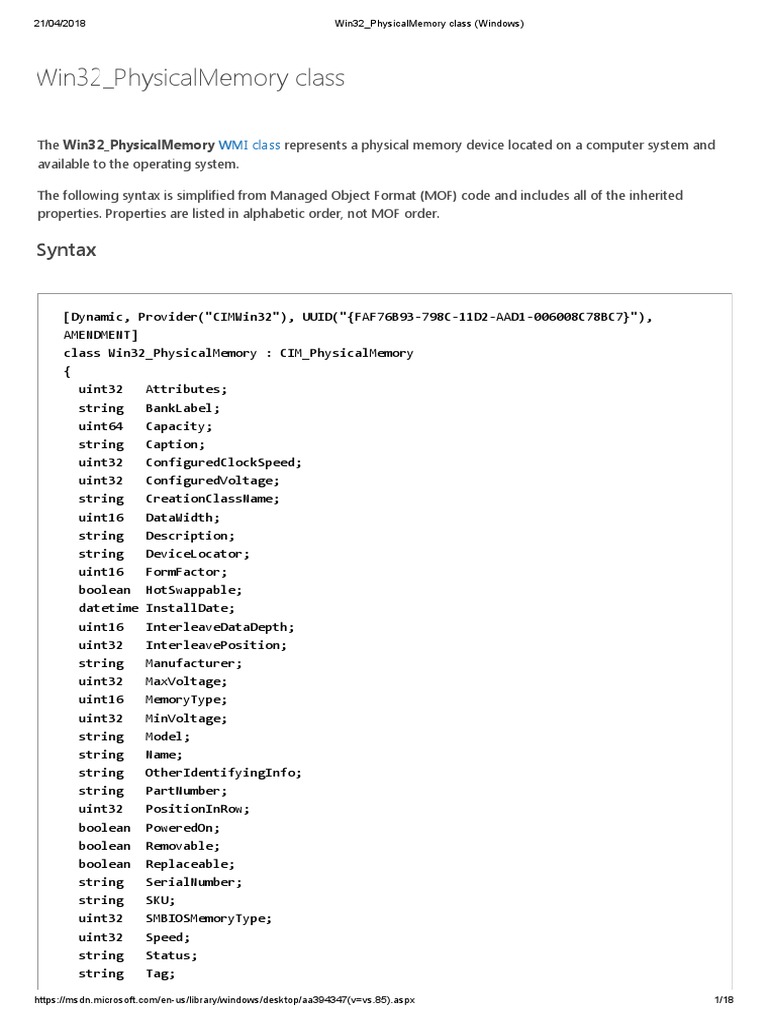 Win32 - PhysicalMemory Class (Windows) | PDF | Dynamic Random Access Memory | Data Type