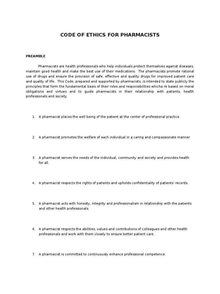 Code of Ethics For Pharmacists | PDF