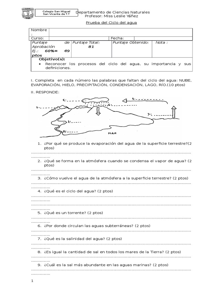 Prueba Del Ciclo Del Agua 5 | PDF | El ciclo del agua | lago