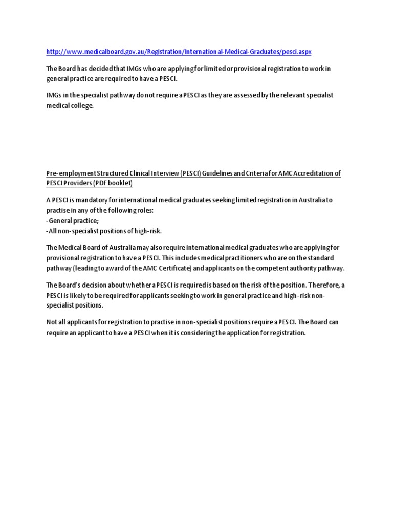 PESCI Requirements for IMGs in Australia | PDF