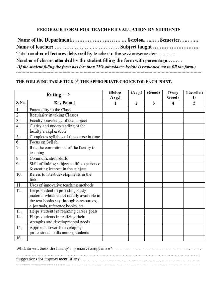 Name of Teacher: .. Subject Taught : Feedback Form For Teacher ...