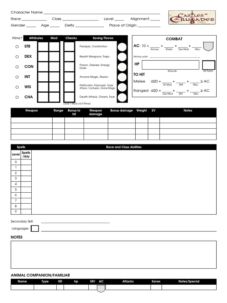 Castles & Crusades Character Sheet | PDF | D20 System | Fantasy Games