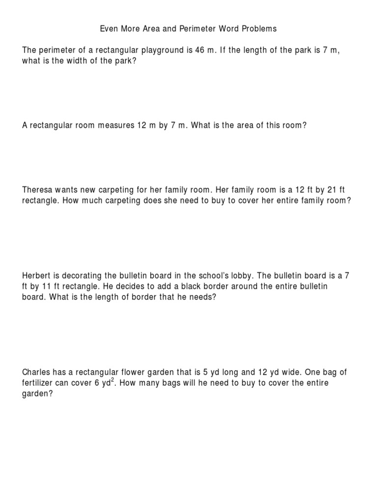 Even More Area and Perimeter Word Problems Question | PDF | Sports ...