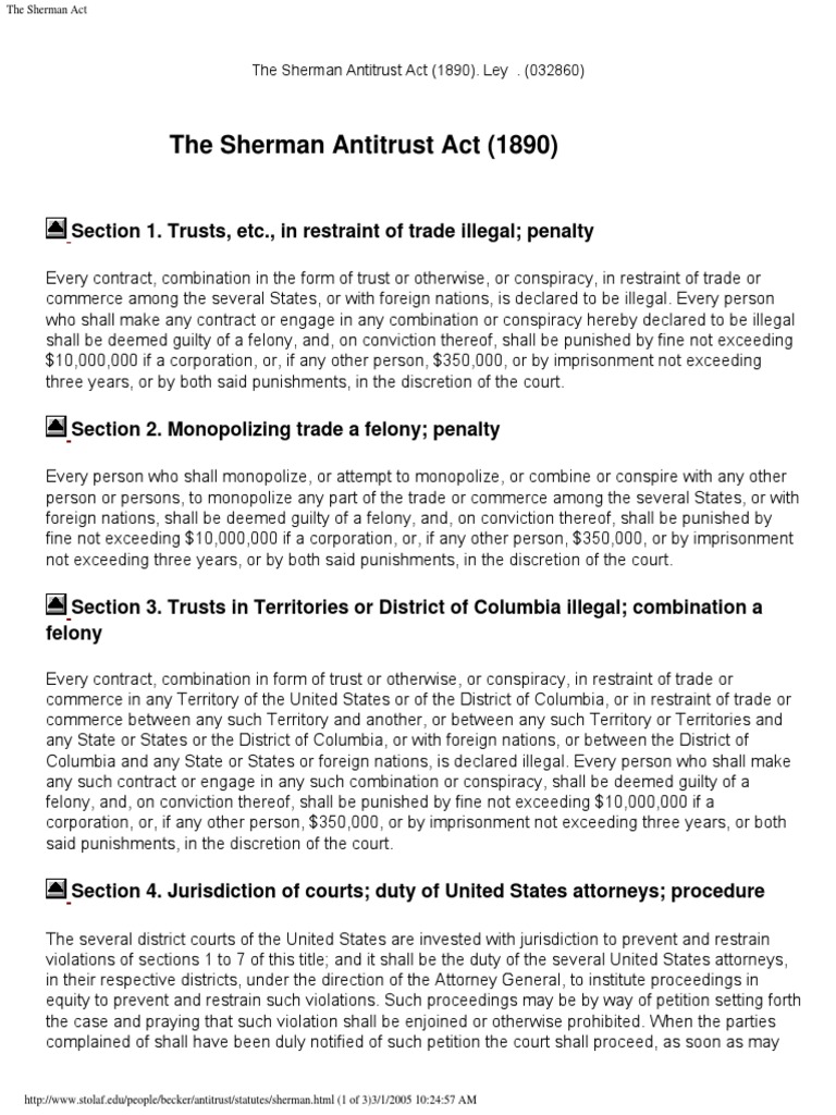 The Sherman Antitrust Act (1890) - Ley - (032860) | PDF | Sherman ...