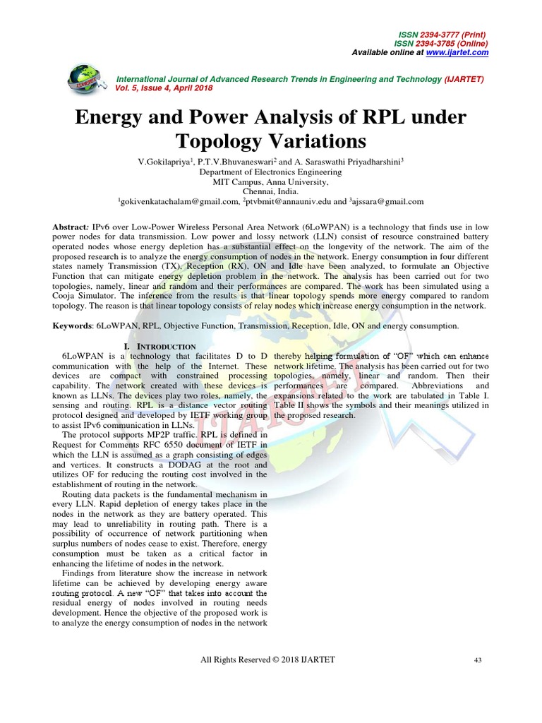 Energy and Power Analysis of RPL Under Topology Variations PDF | PDF ...