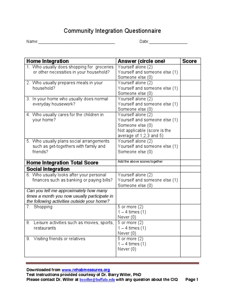 Community Integration Questionnaire Testing Form | PDF | Behavioural ...