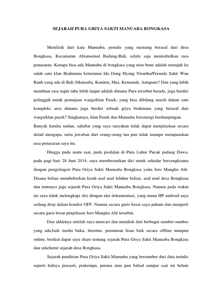 Sejarah Pura Griya Sakti Manuaba Bongkasa | PDF