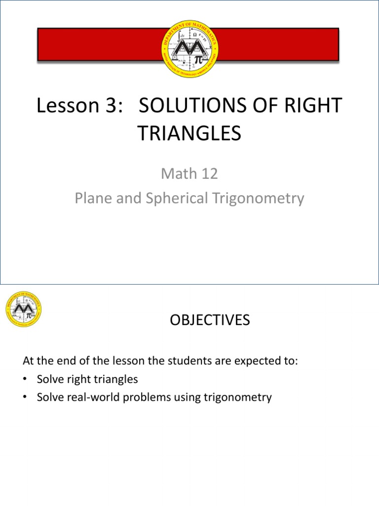 Math12 - L3 (Solutions of Right Triangles) | PDF | Triangle | Trigonometry